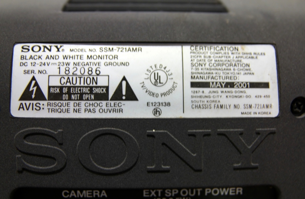 RV Electronics USED SONY BLACK & WHITE RV/MOTORHOME BACK UP MONITOR 7 ...